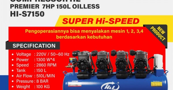 HL Premier HI-S7150 Mesin Kompresor Angin 7HP 150 Liter Oiless Air ...